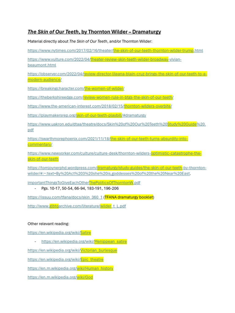 The Skin of Our Teeth Dramaturgy Resources | PDF
