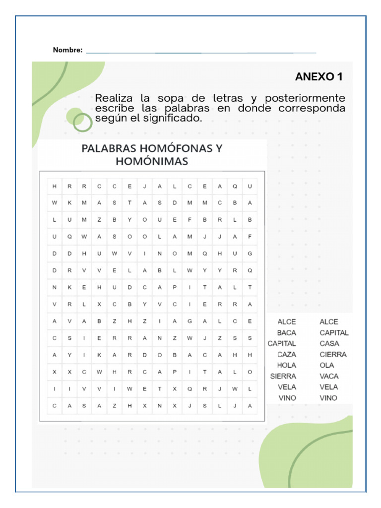 Actividad 2 - Sopa de Letras - Palabras Homofonas y Homonimas | PDF