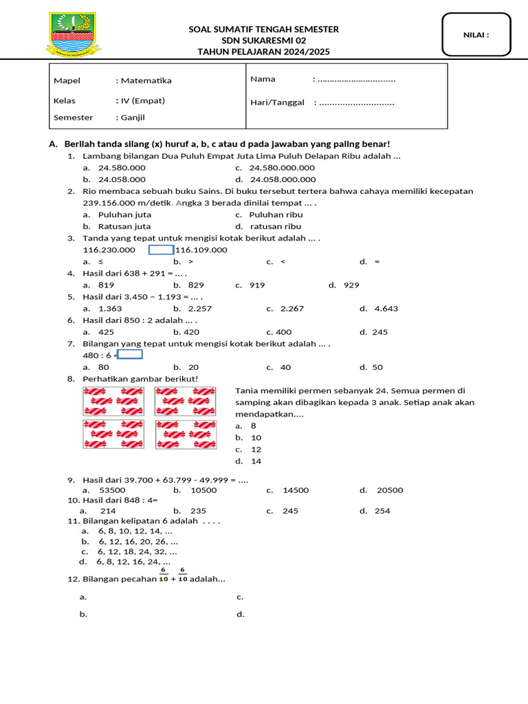 Soal STS 1 MTK Kelas 4 REVISI | PDF