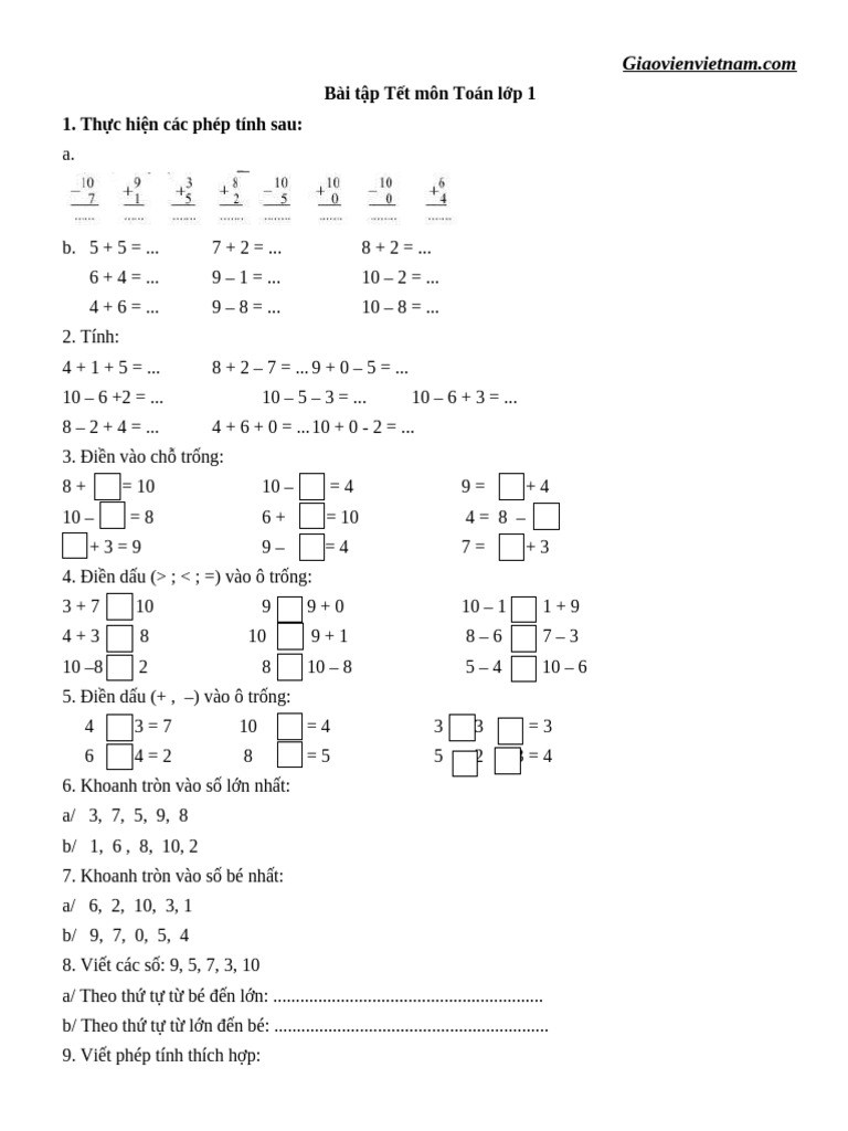 Bai Tap Tet Mon Toan Lop 1 | PDF