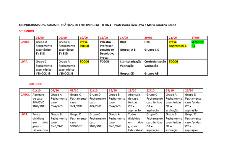 Cronograma Das Aulas de Práticas de Enfermagem Set Out-3 | PDF