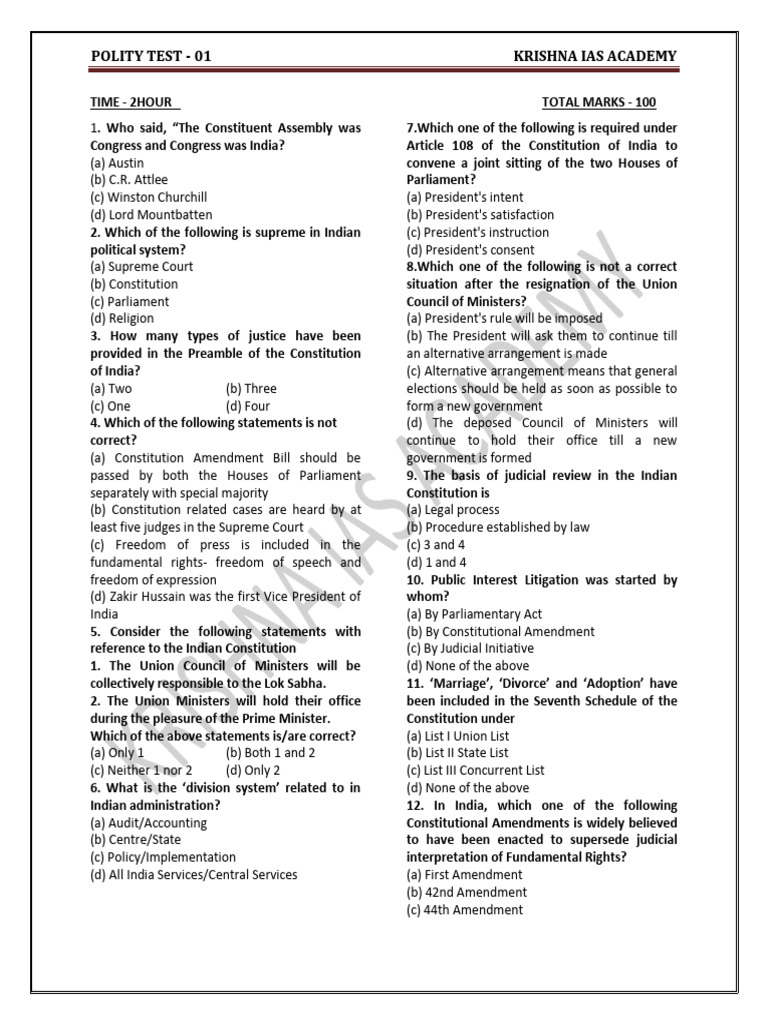 Polity Test English 01 PDF | PDF | Government Of India | Justice