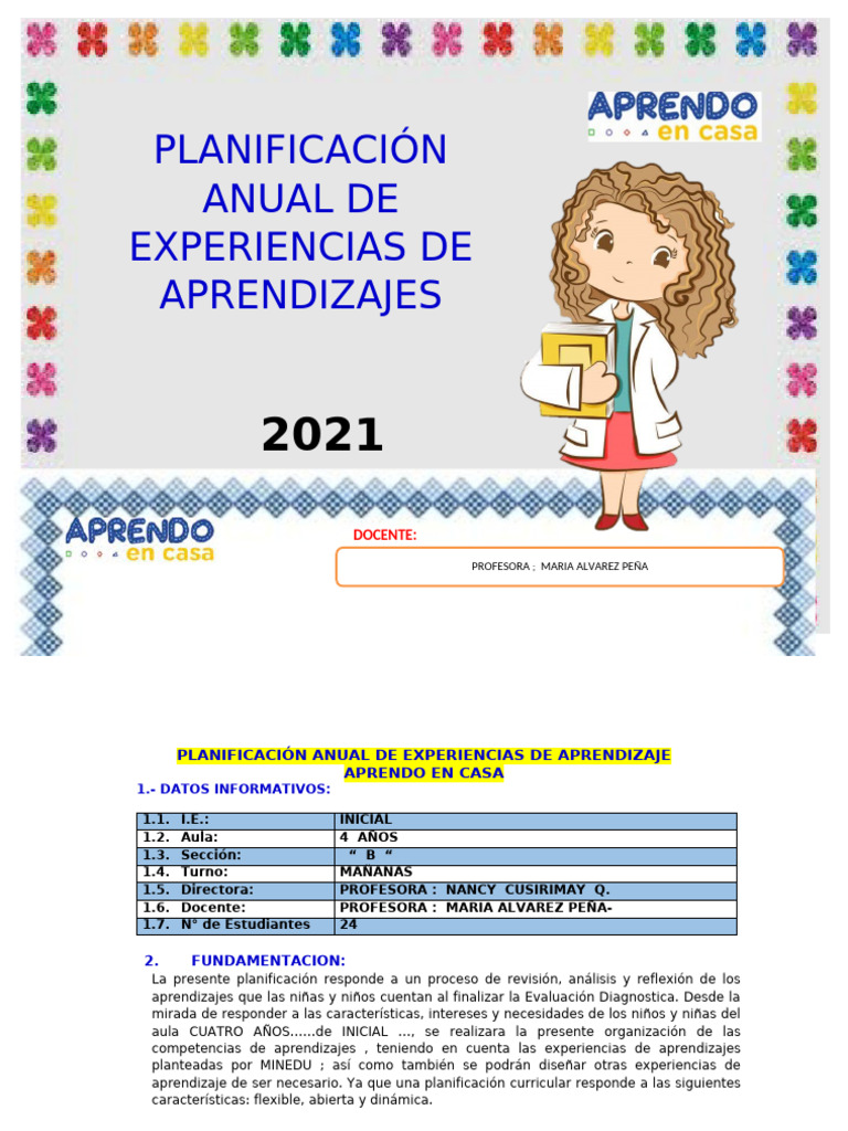 Planificación Anual de Experiencias de Aprendizaje | PDF