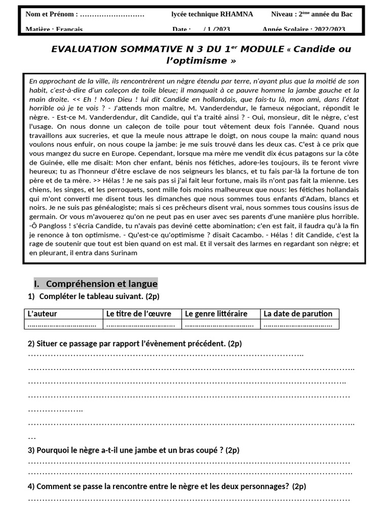 Evaluation Sommative 2 Bac 2019 | PDF