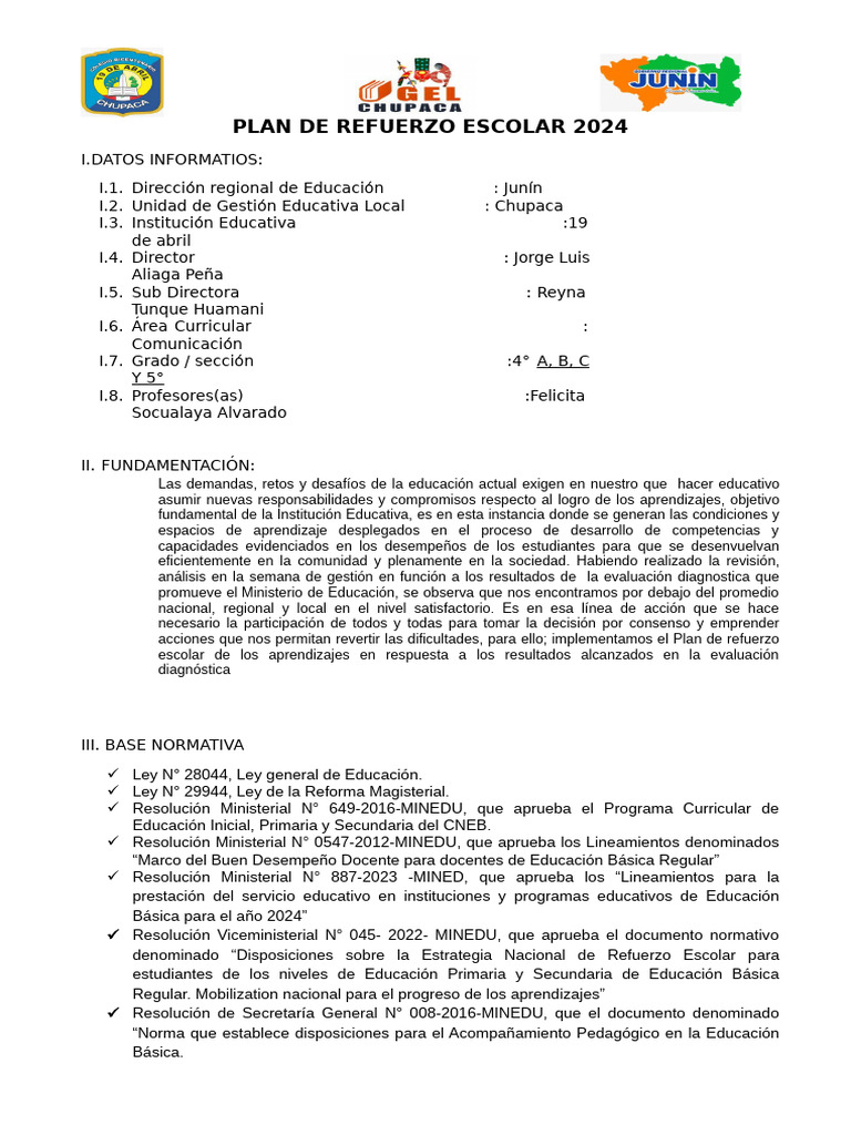 Esquema Del Plan de Refuerzo Escolar 2024 | PDF | Evaluación | Educación primaria