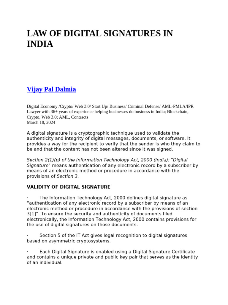 Law of Digital Signatures in India | PDF | Public Key Cryptography ...