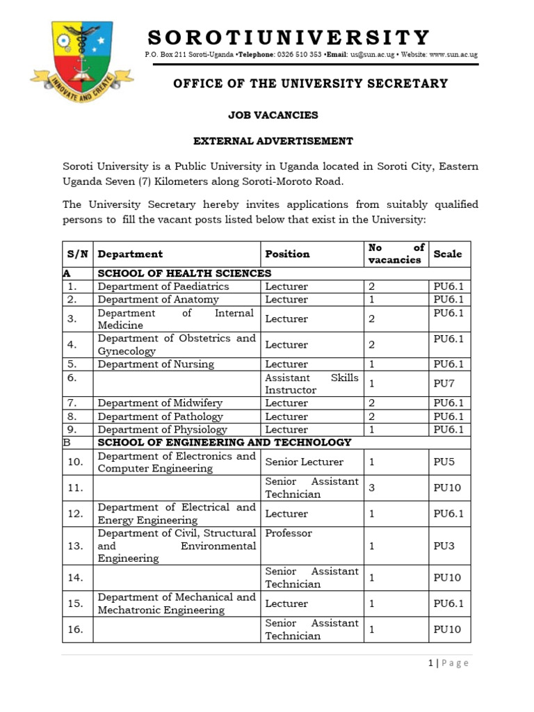 External Advert - SOROTI UNIVERSITY AUGUST 2024 Final | PDF ...