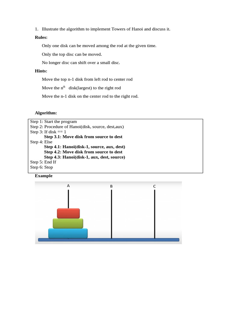 Illustrate The Algorithm To Implement Towers of Hanoi and Discuss It. | PDF