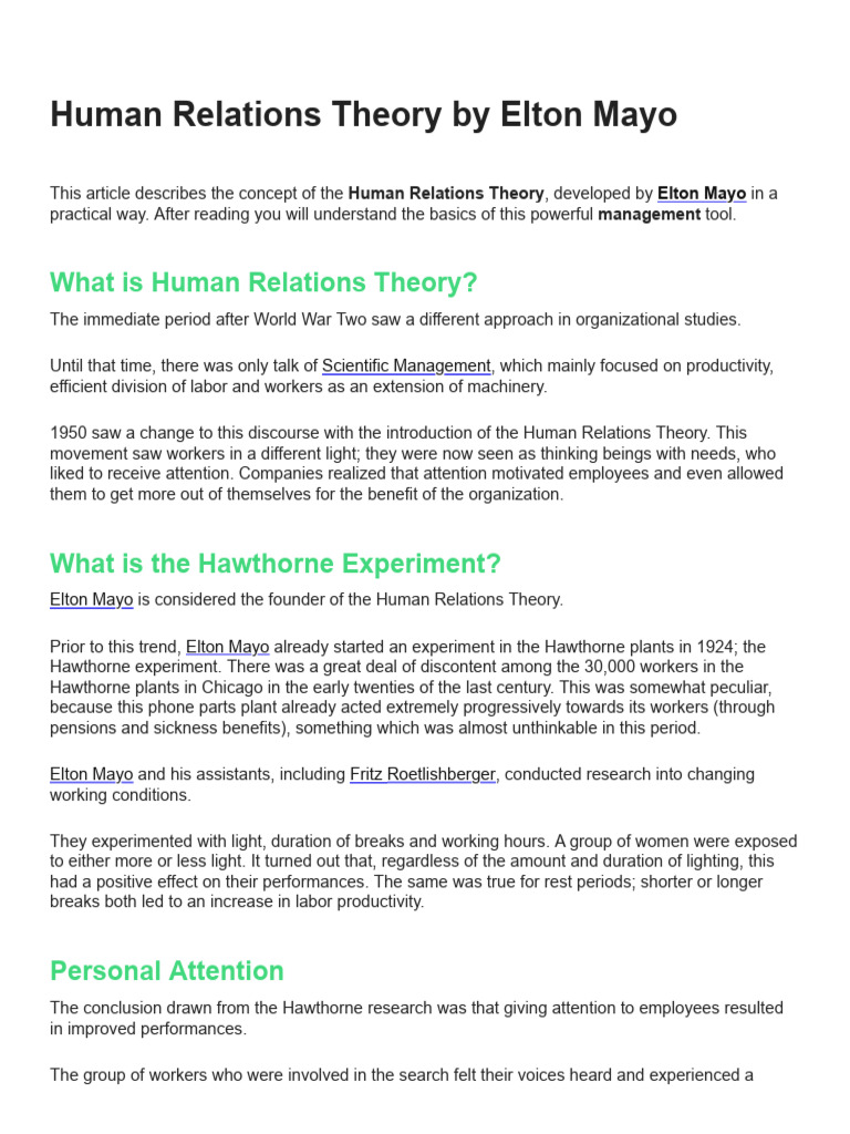 Unit 9, Article 4 Human Relations Theory by Elton Mayo | PDF | Behavior ...