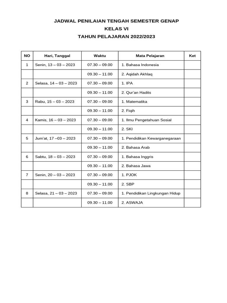 Lampiran Jadwal PTS Genap 2023 | PDF