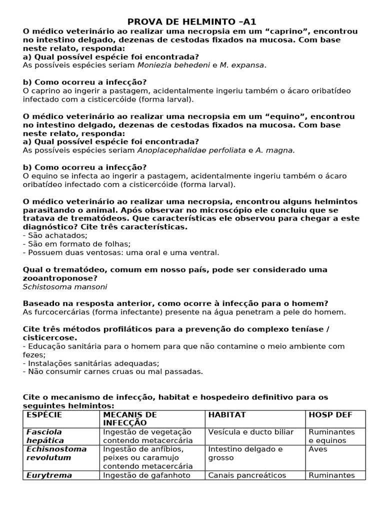 Prova de Helminto - A1 | PDF