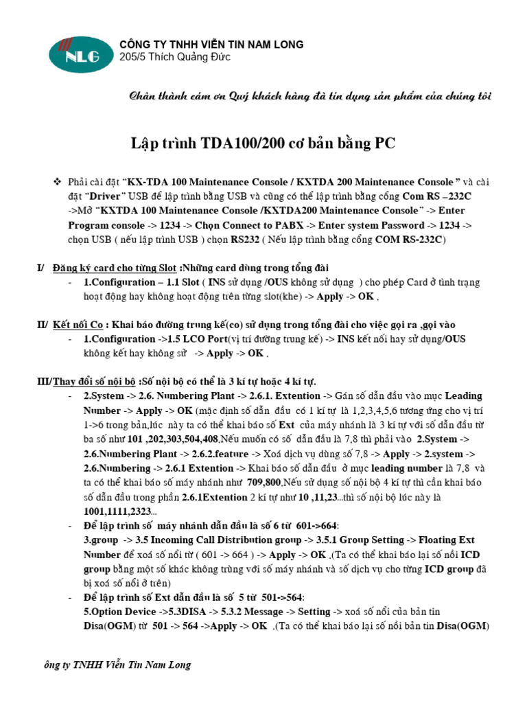 Huong Dan Lap Trinh Tong Dai TDA100-200 Bang PC | PDF