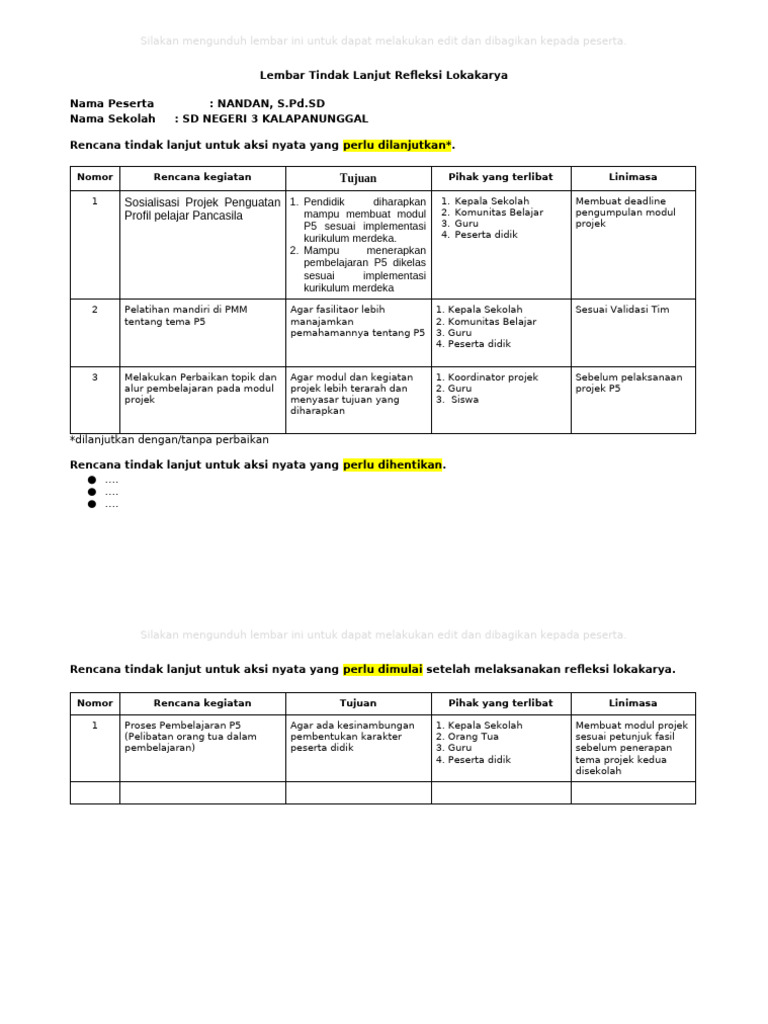 Lembar Tindak Lanjut Refleksi Lokakarya - KEPSEK SDN3 | PDF