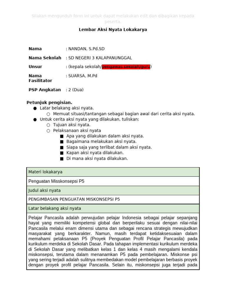 Lembar Aksi Nyata Lokakarya - KEPSEK SDN3 | PDF