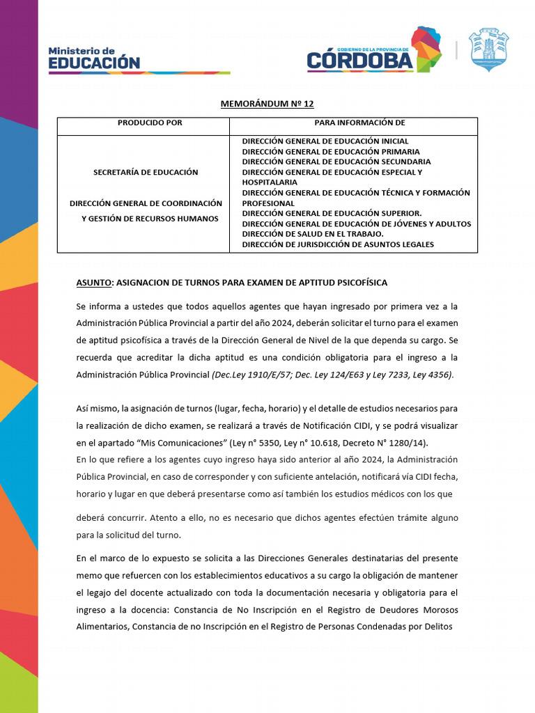 Memo #12 - Turnos Apto Psicofísico - Memo Secretaria de Educación y Dir ...