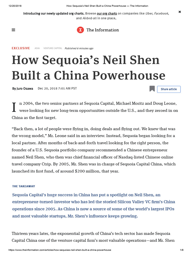 How Sequoia's Neil Shen Built A China Powerhouse - The Information | PDF