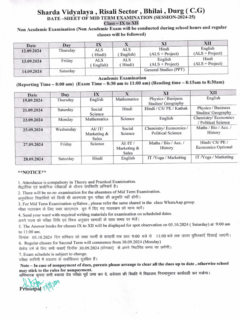 Class 9 Mid Term Exam Date Sheet 2024 | PDF | Science