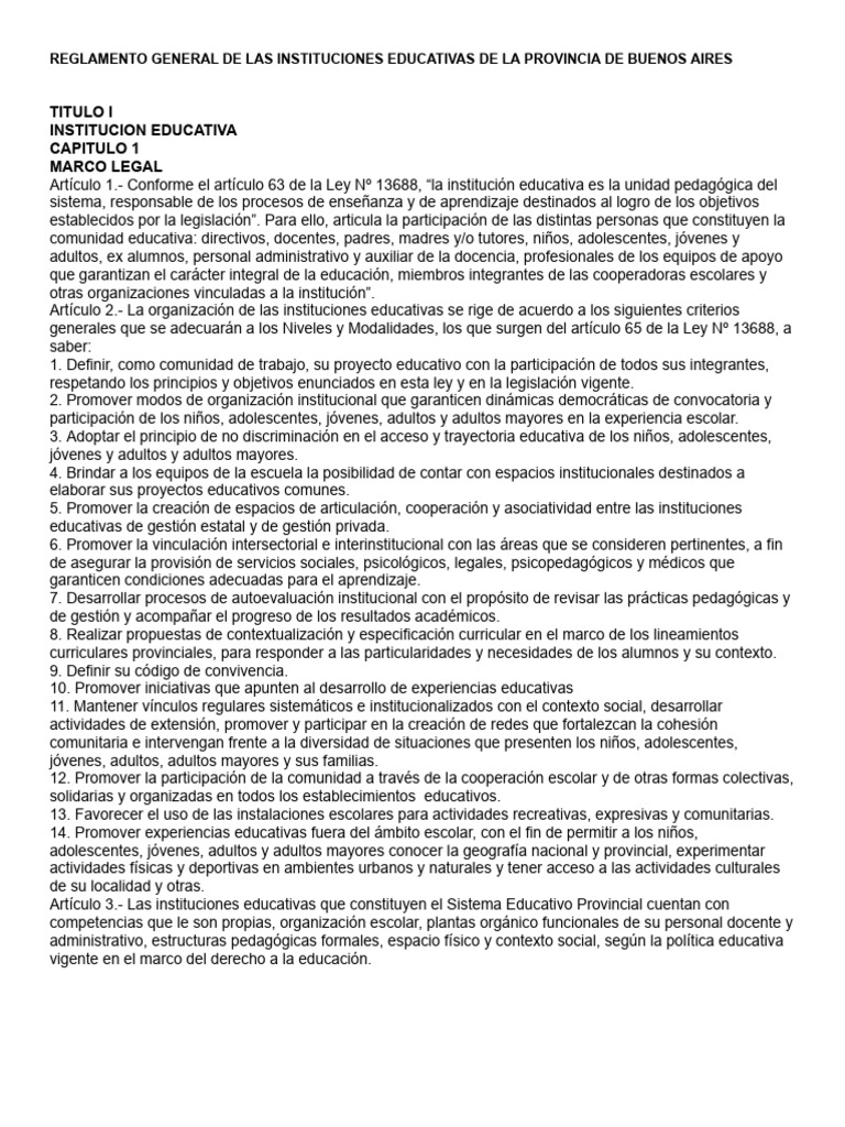 Cap 1 REGLAMENTO GENERAL DE LAS INSTITUCIONES EDUCATIVAS DE LA PROVINCIA DE BUENOS AIRES | PDF