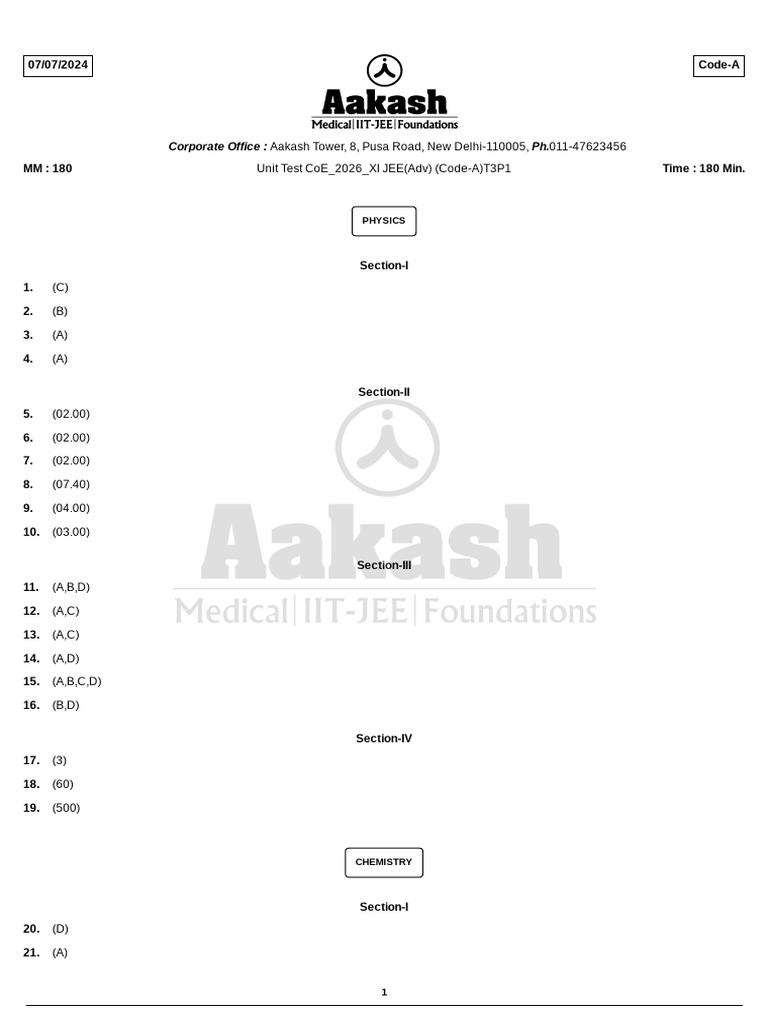 UT-3A - Paper 1 - CoE - 2026 - XI-JEE (Adv) - (Code-A) - Answer Key | PDF