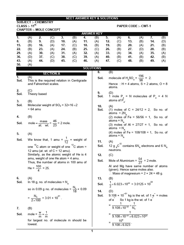 1 Mole Concept Solution Pdf