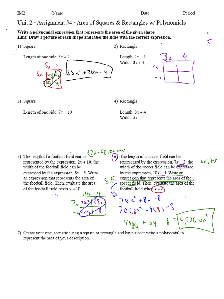 Kami Export - IM2 Unit 2 - Assignment #4 - Area of Squares & Rectangles W - Polynomials | PDF
