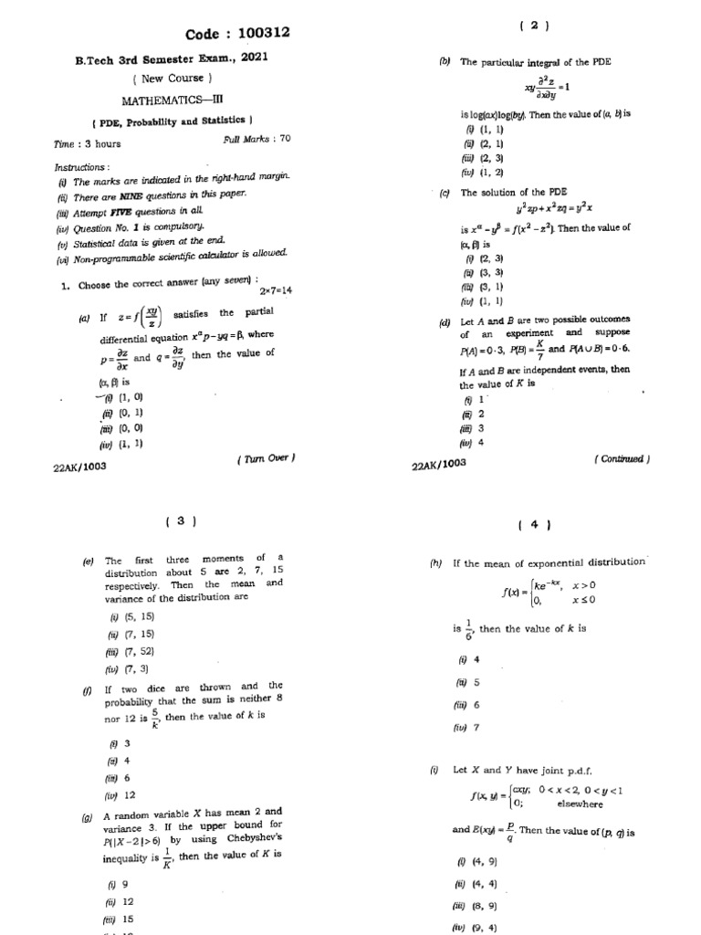 Btech 3 Sem Mathematics 3 Pde Probability and Statistics 100312 2021 | PDF