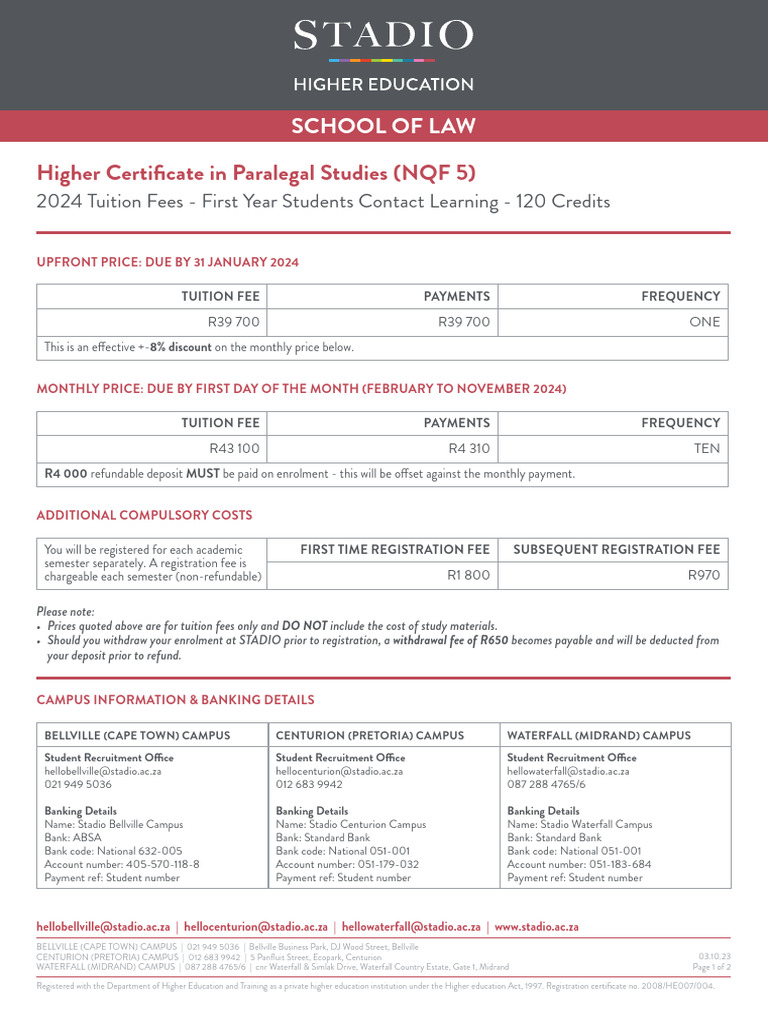STADIO SOL CL Certificate - Paralegal Studies Fees 2024 | PDF