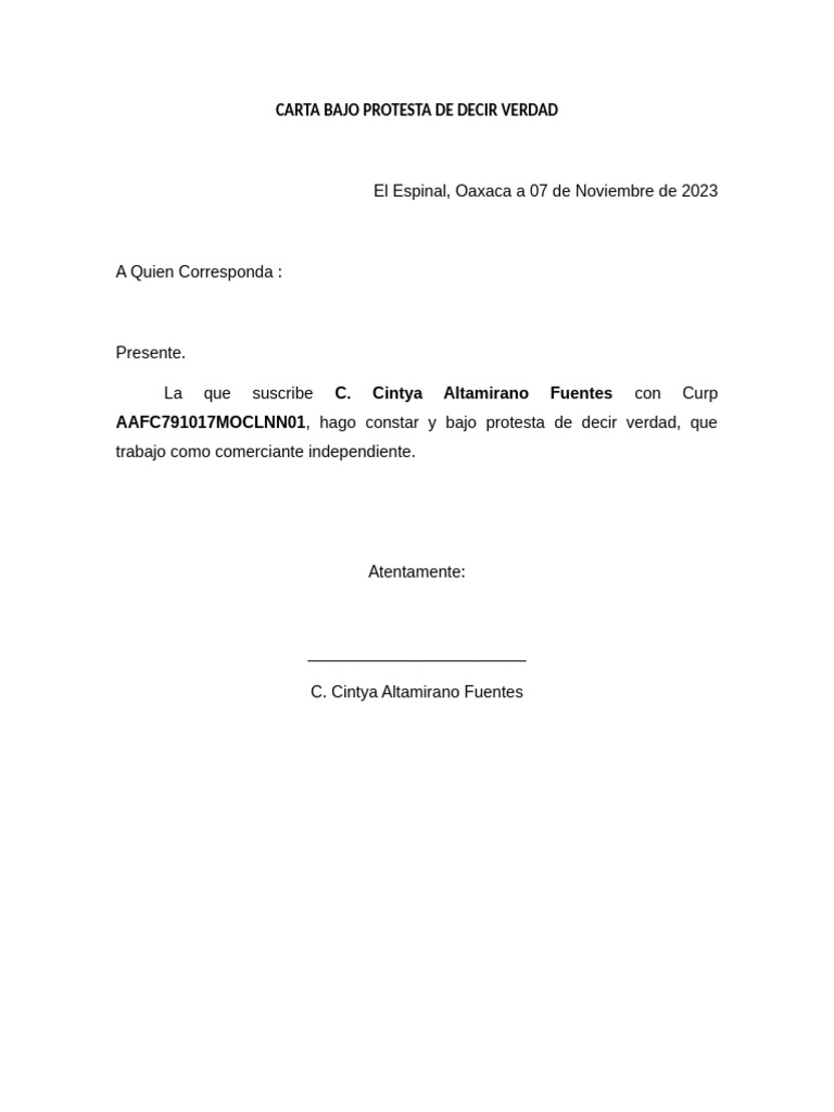 Carta Bajo Protesta de Decir Verdad | PDF