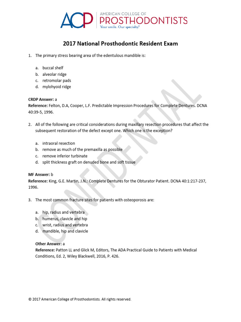 2017 National Prosthodontic Resident Exam: CRDP Answer: Reference | PDF