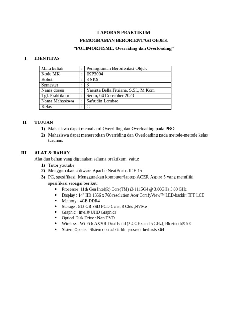 LAPORAN PRAKTIKUM PBO Polimorfisme Safrudin Lambae C | PDF