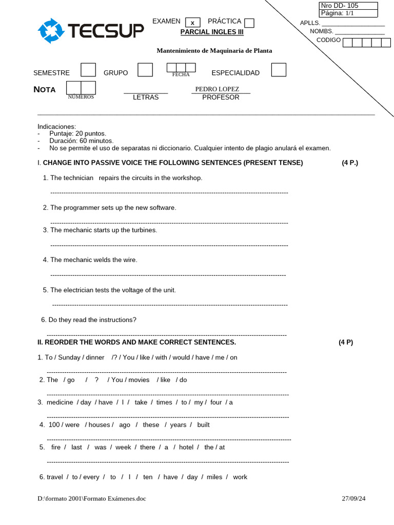 FORMATO EXAM Tecsup | PDF | Electric Arc | Electric Motor
