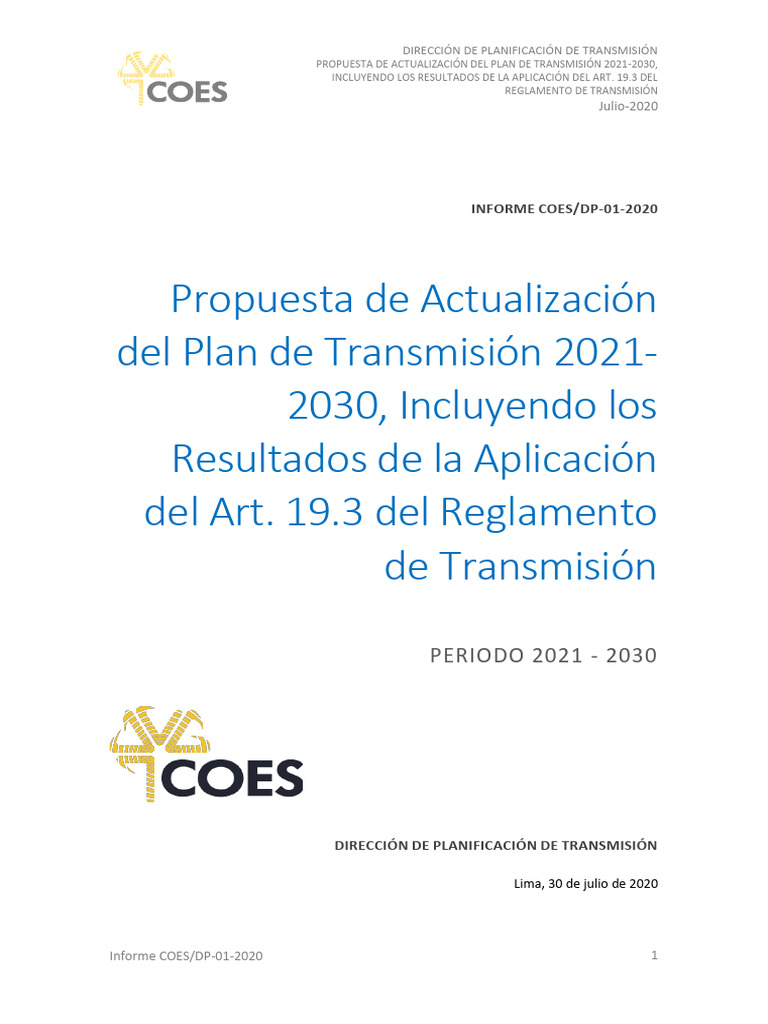 Informe COES-DP 01-2020 | PDF