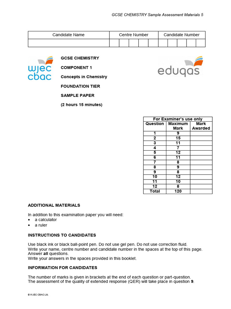 Specimen QP - Component 1 (F) WJEC Chemistry GCSE | PDF
