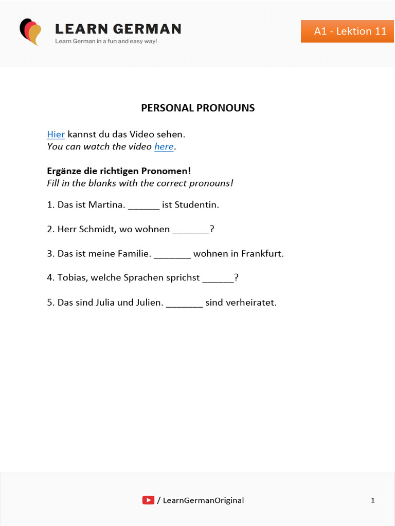 A1 - Lesson 11 - Personal Pronouns-1 | PDF