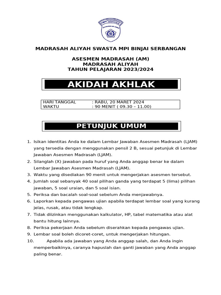 cover SOAL AM AKIDAH AKHLAK MA1 | PDF
