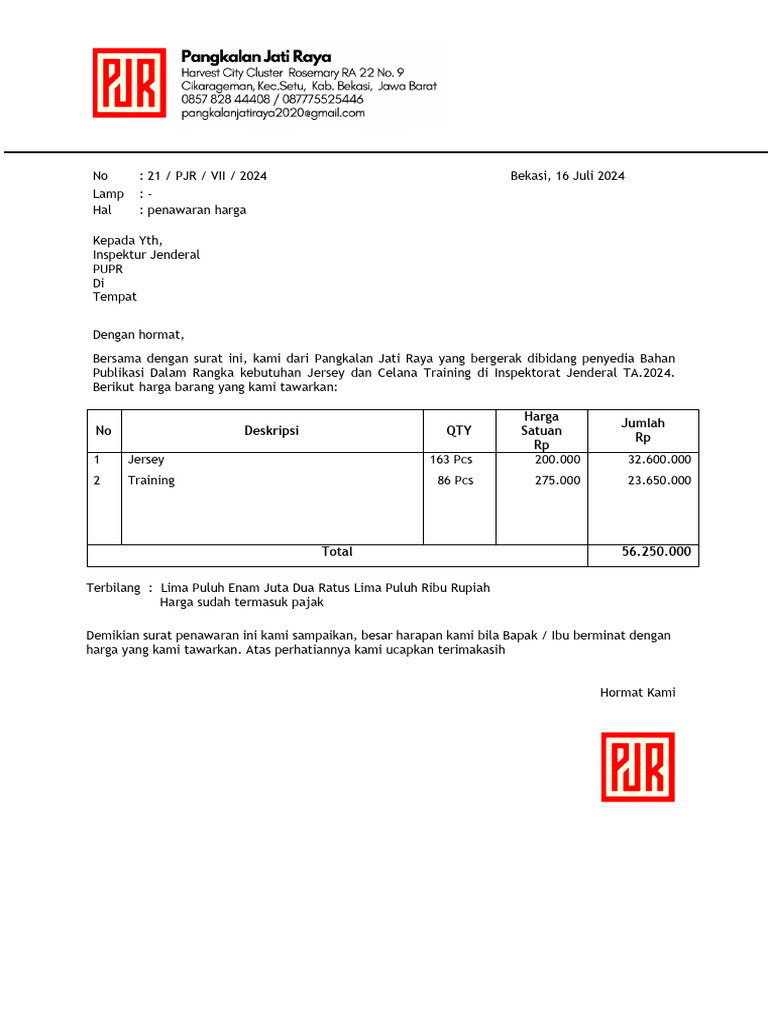 Surat Penawaran PJR Juli 2024 | PDF