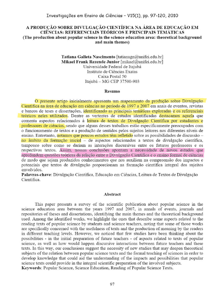 7 A Produção Sobre Divulgação Científica Na área De Educação Em