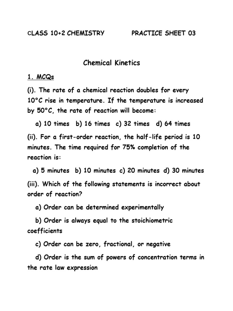 12th Chemistry Practice Sheet 03 Chemical Kinetics | PDF