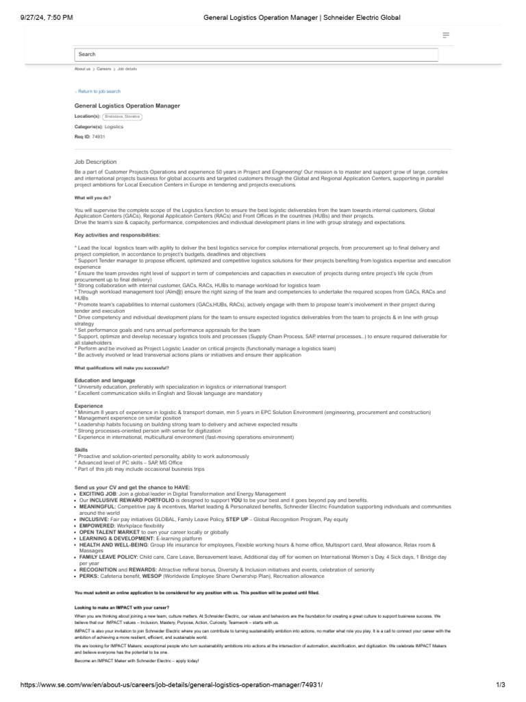 General Logistics Operation Manager - Schneider Electric Global | PDF
