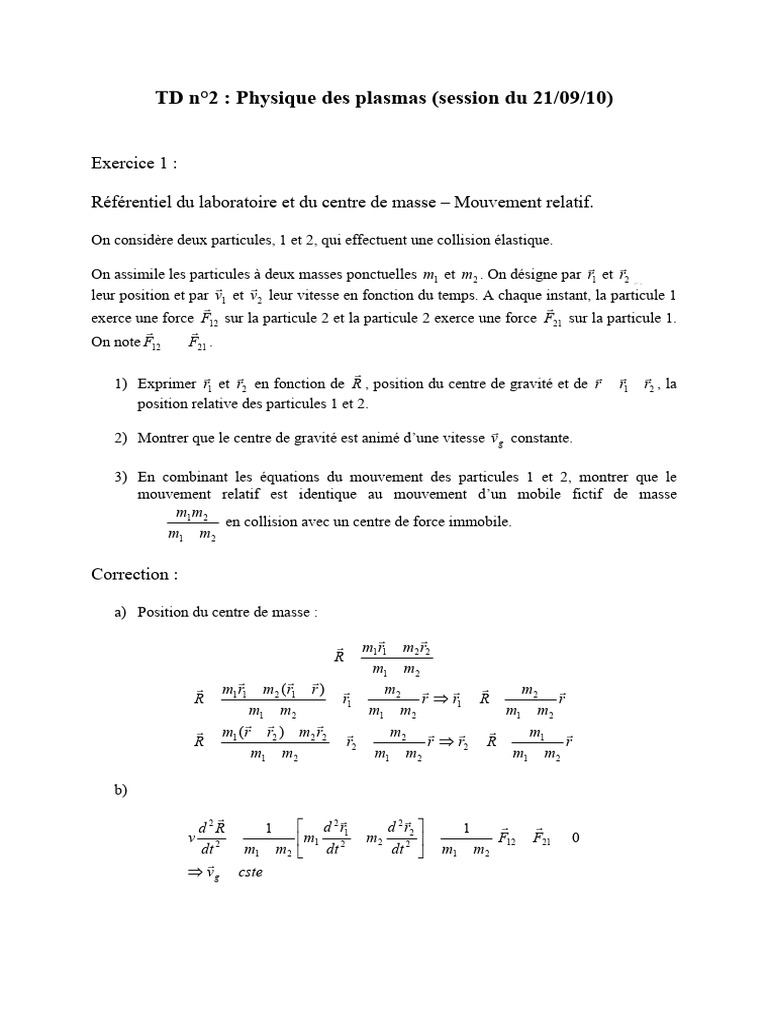 TD N°2: Physique Des Plasmas (Session Du 21/09/10) | PDF
