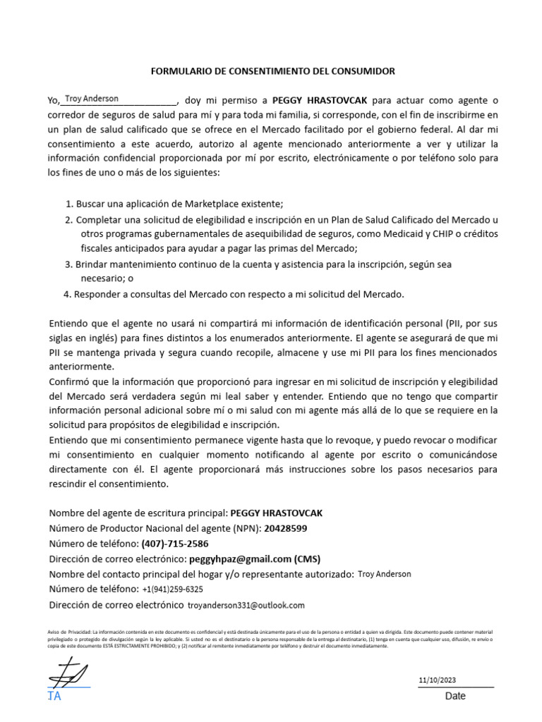 CONSENT FORM FOR MARKETPLACE 8599 Troy Anderson | PDF
