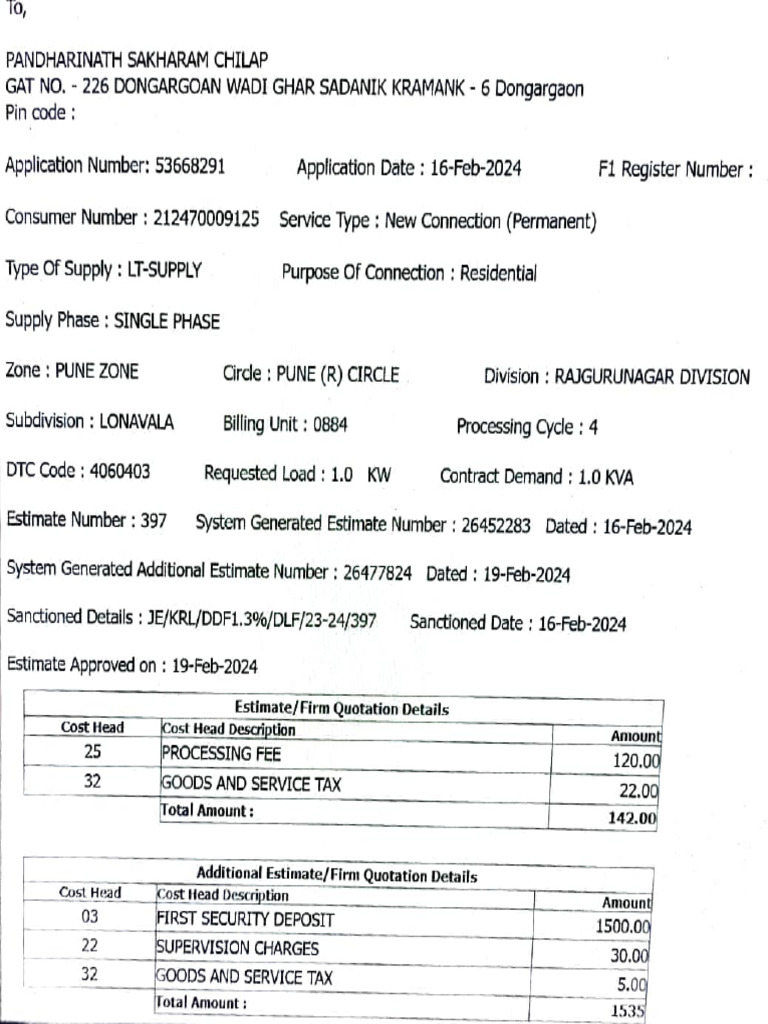 Pandharinath Sakharam Chilap Estimate | PDF