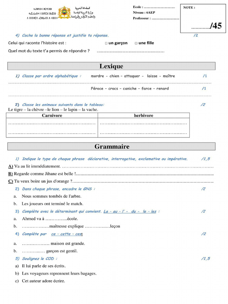 مدونة معلمي Evaluation Des Prerequis 6 Aep | PDF