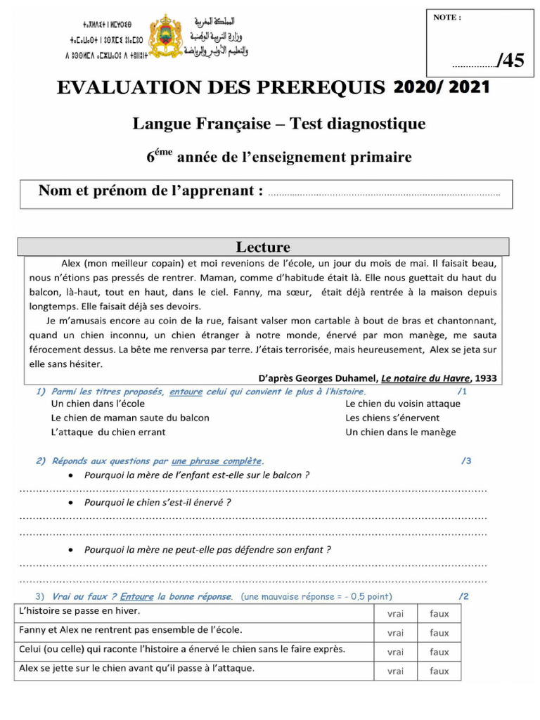 مدونة معلمي Evaluation Des Prerequis 6 Aep - organized - organized | PDF