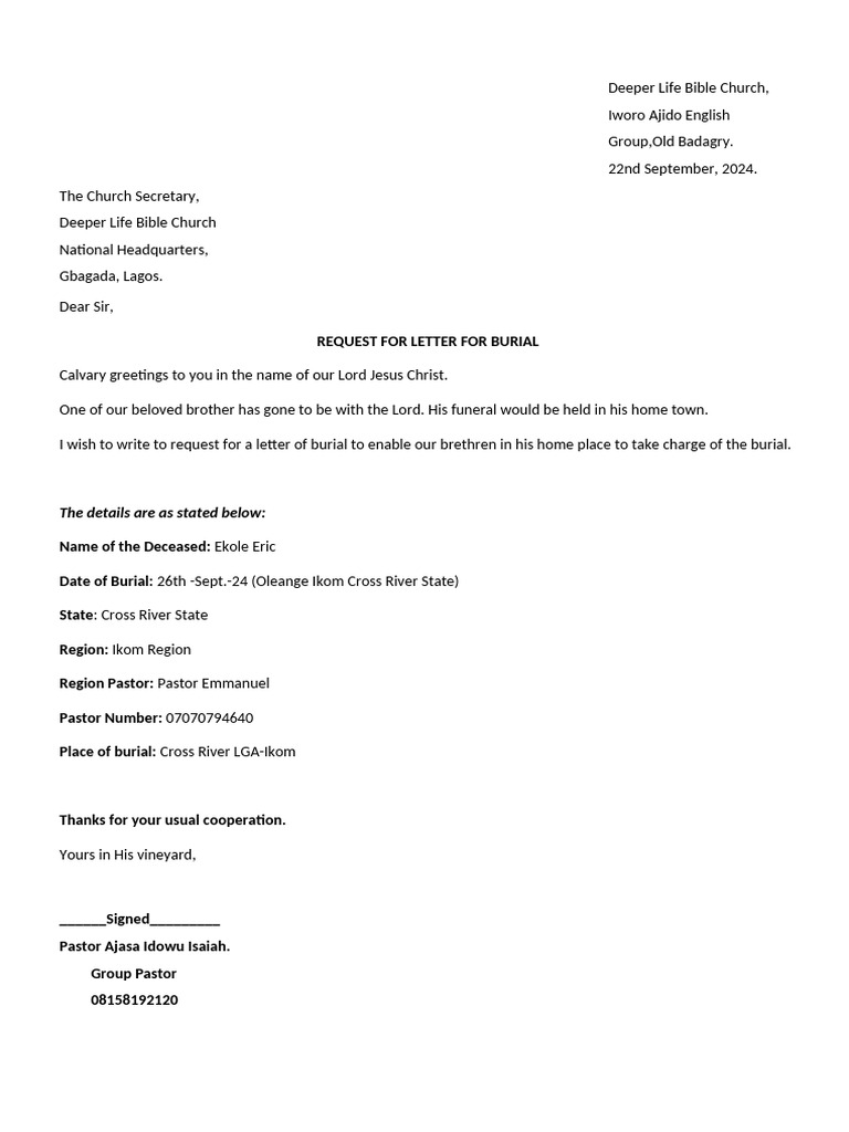 Letter of Burial Ekole Eric | PDF
