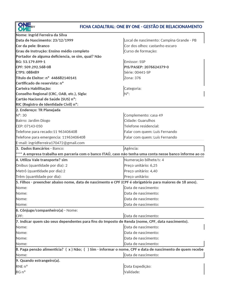 Ficha de Admissão - CLT | PDF