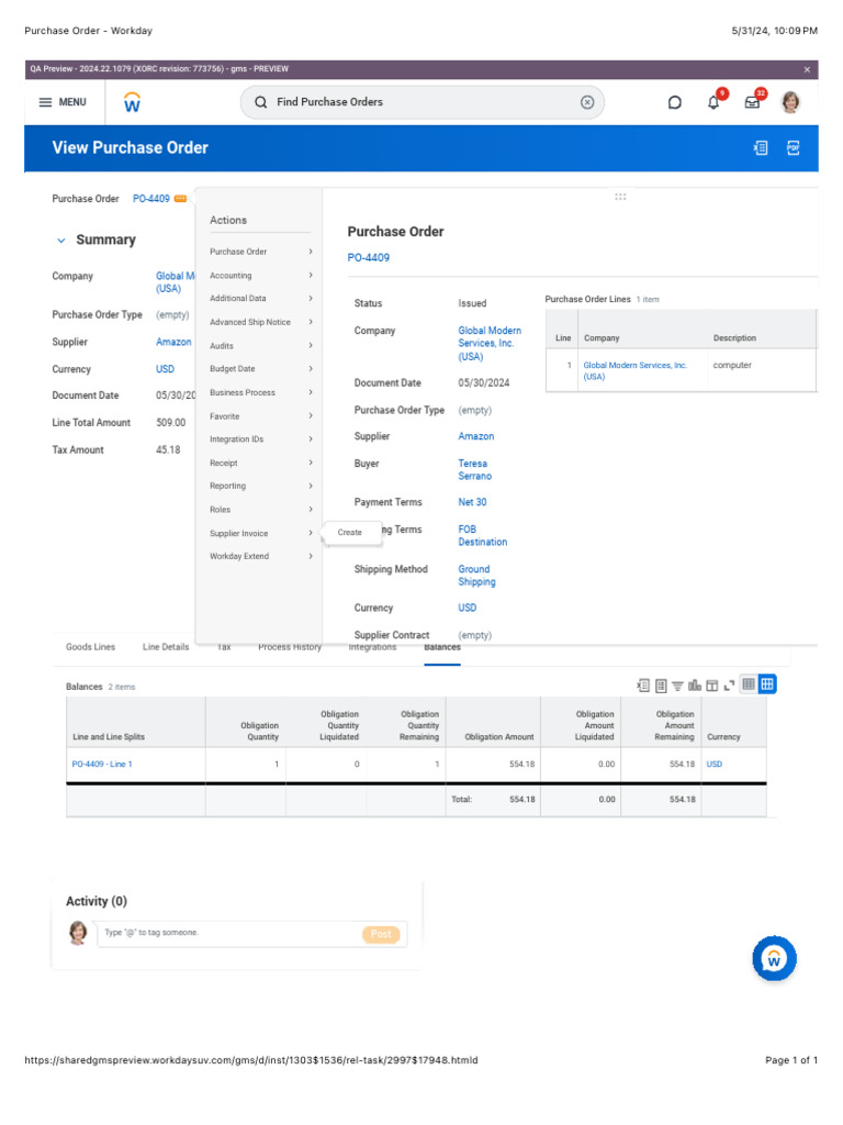 Purchase Order create invoice- Workday | PDF