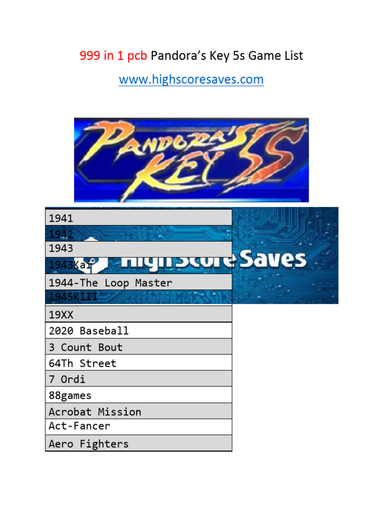 999 in 1 PCB Pandoras Key 5s Game List Highscoresaves | PDF