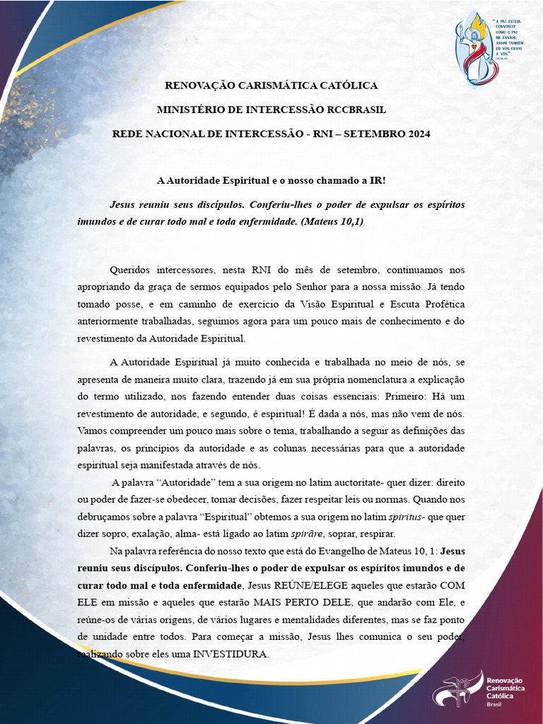 RNI - SETEMBRO Autoridade Espiritual e o Nosso Chamado A Ir | PDF