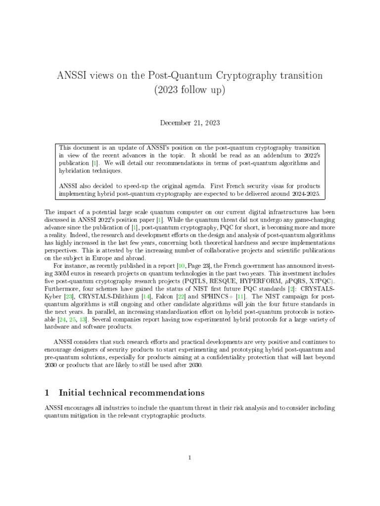 Follow Up Position Paper On Post Quantum Cryptography | PDF